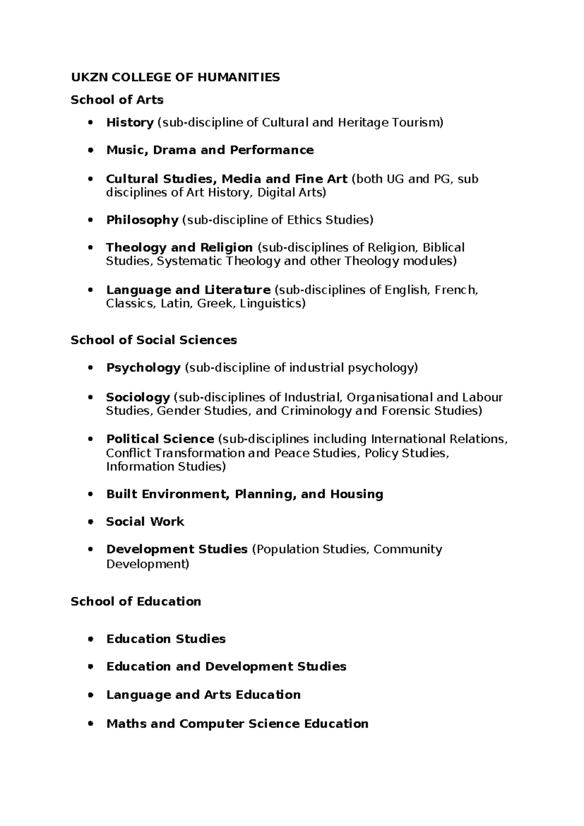 UKZN College of Humanities Overview and Course Guide - Studocu