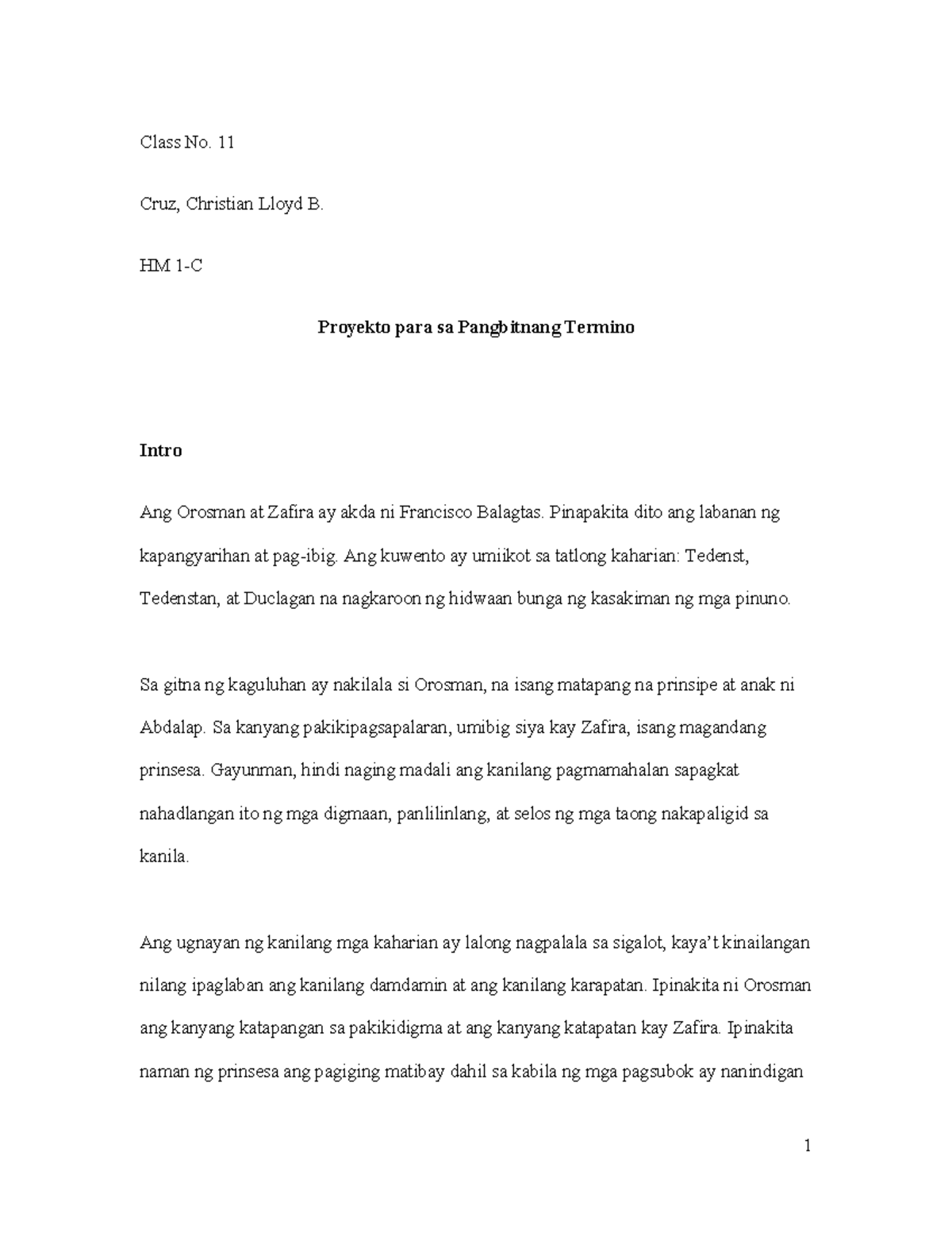 HM Proyekto para sa Pangbitnang Termino: Orosman at Zafira - Studocu