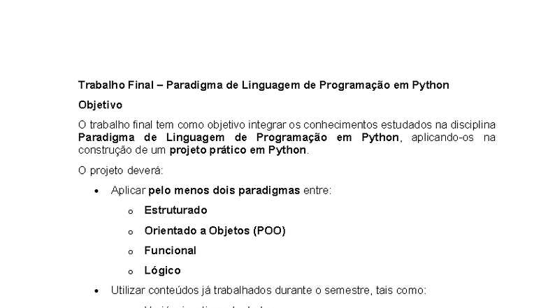 Trabalho Final - PLP em Python - Trabalho Final – Paradigma de ...