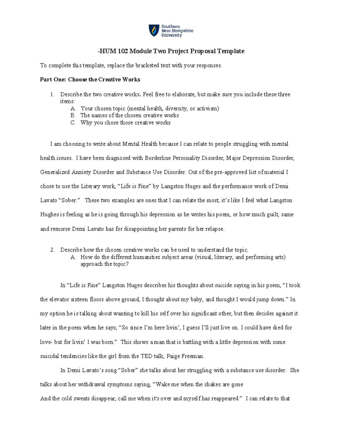 HUM 102 Week 2 Project Proposal on Mental Health & Creative Works - Studocu