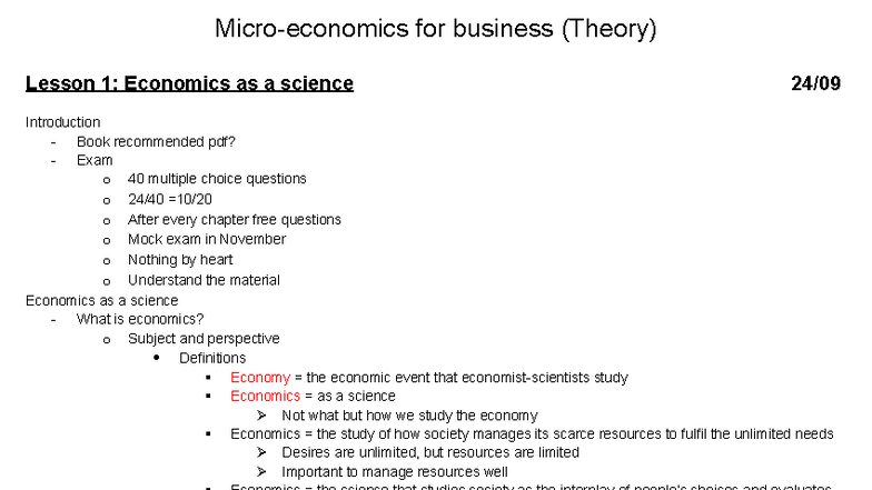 Microeconomics (2024) Lesson 1: Economics as a Science Overview - Studocu