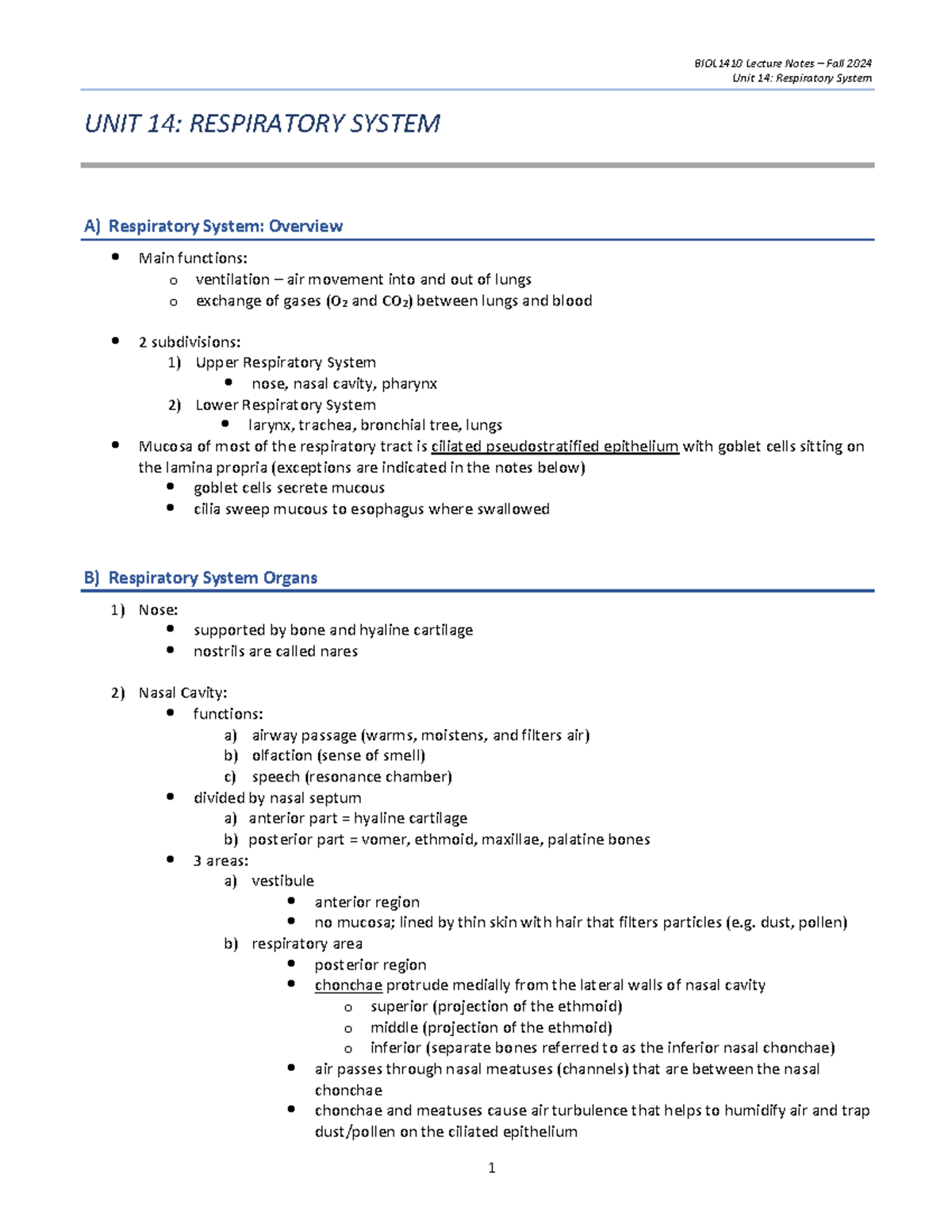BIOL1410 Lecture Notes Fall 2024: Unit 14 - Respiratory System Overview ...