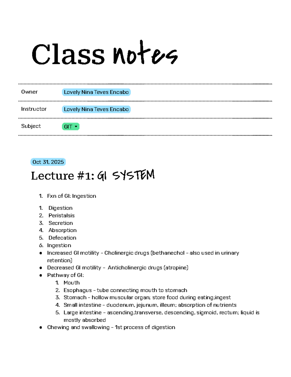 GIT 2025 Lecture Notes: Comprehensive Overview of GI System Functions ...