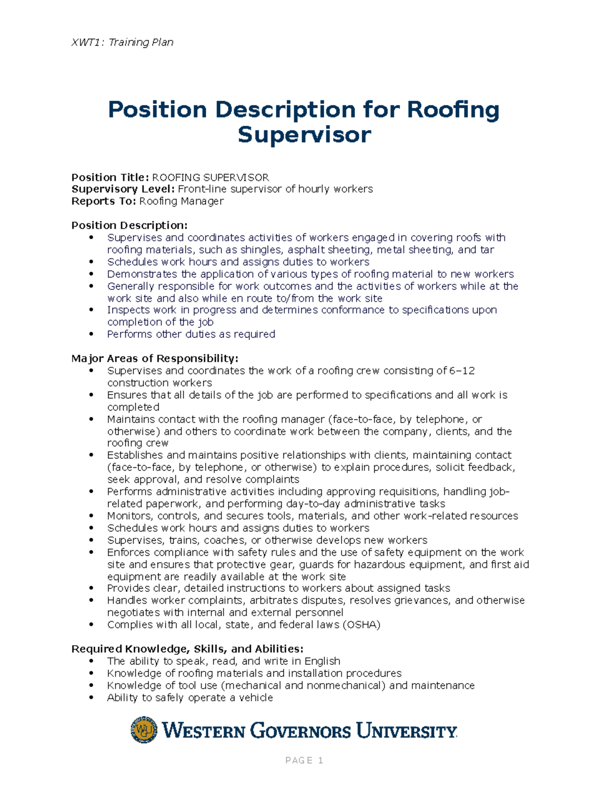 Position Description for Roofing Supervisor - XWT1: Training Plan ...