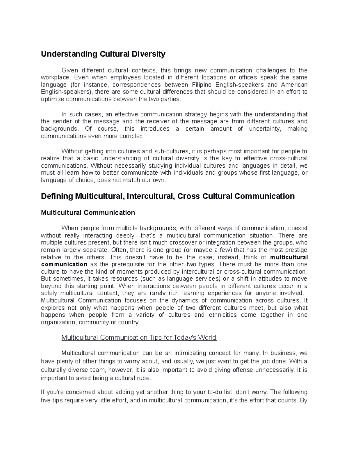 Purposive Communication Summary 3: Understanding Cultural Diversity ...