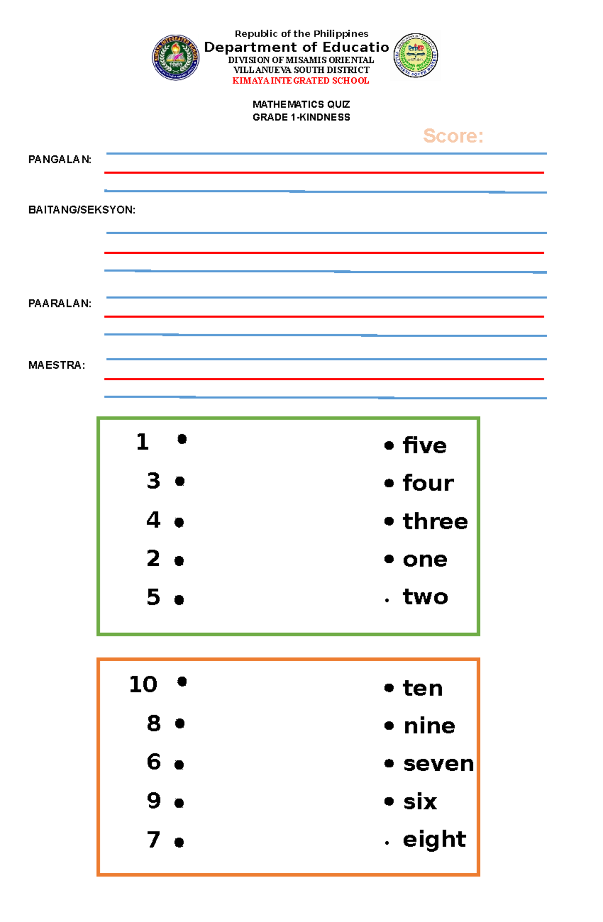Math numbers - activity sheet - Republic of the Philippines Department ...