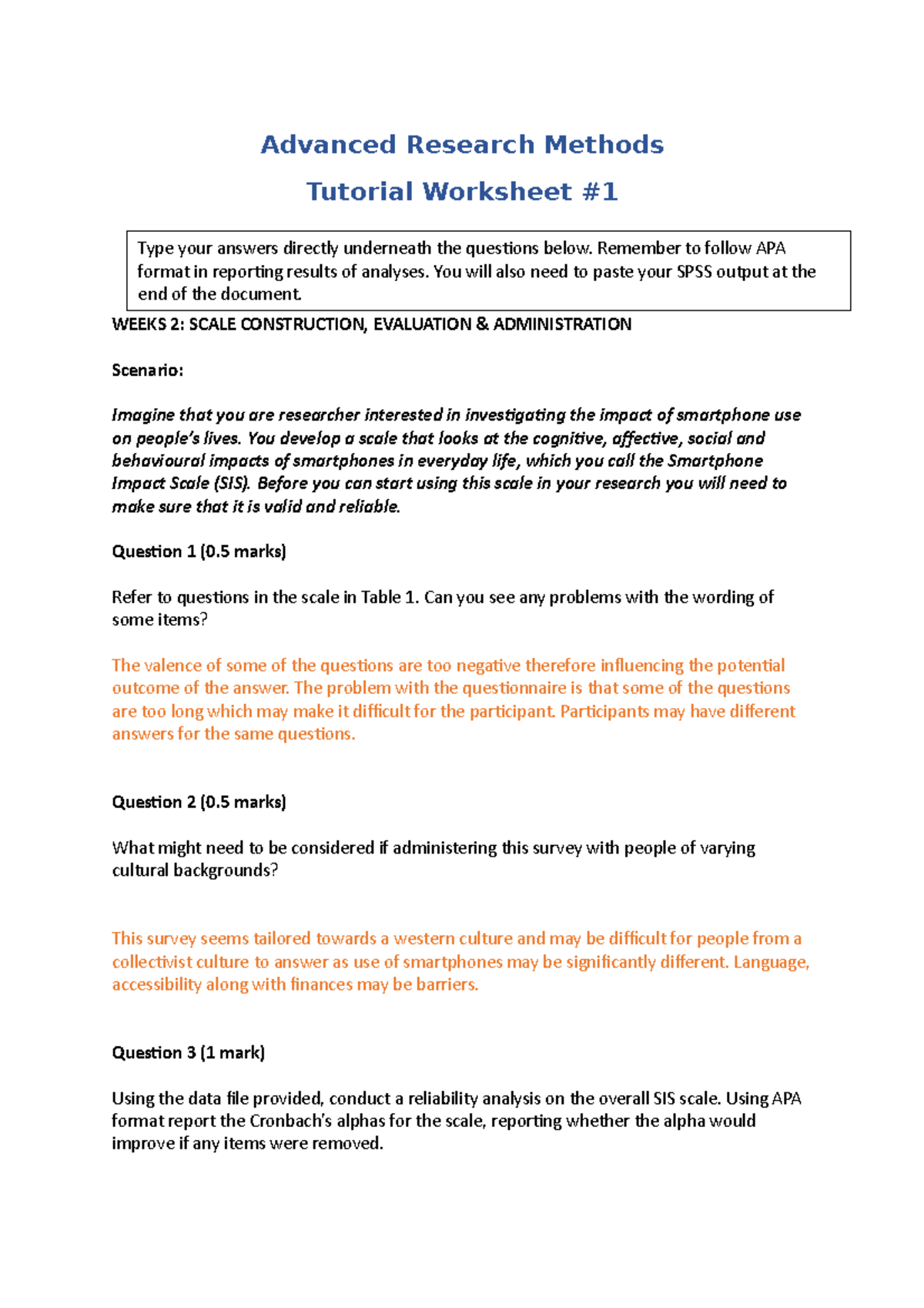 Tutorial Worksheet #1 - Advanced Research Methods Tutorial Worksheet WEEKS 2: SCALE CONSTRUCTION ...