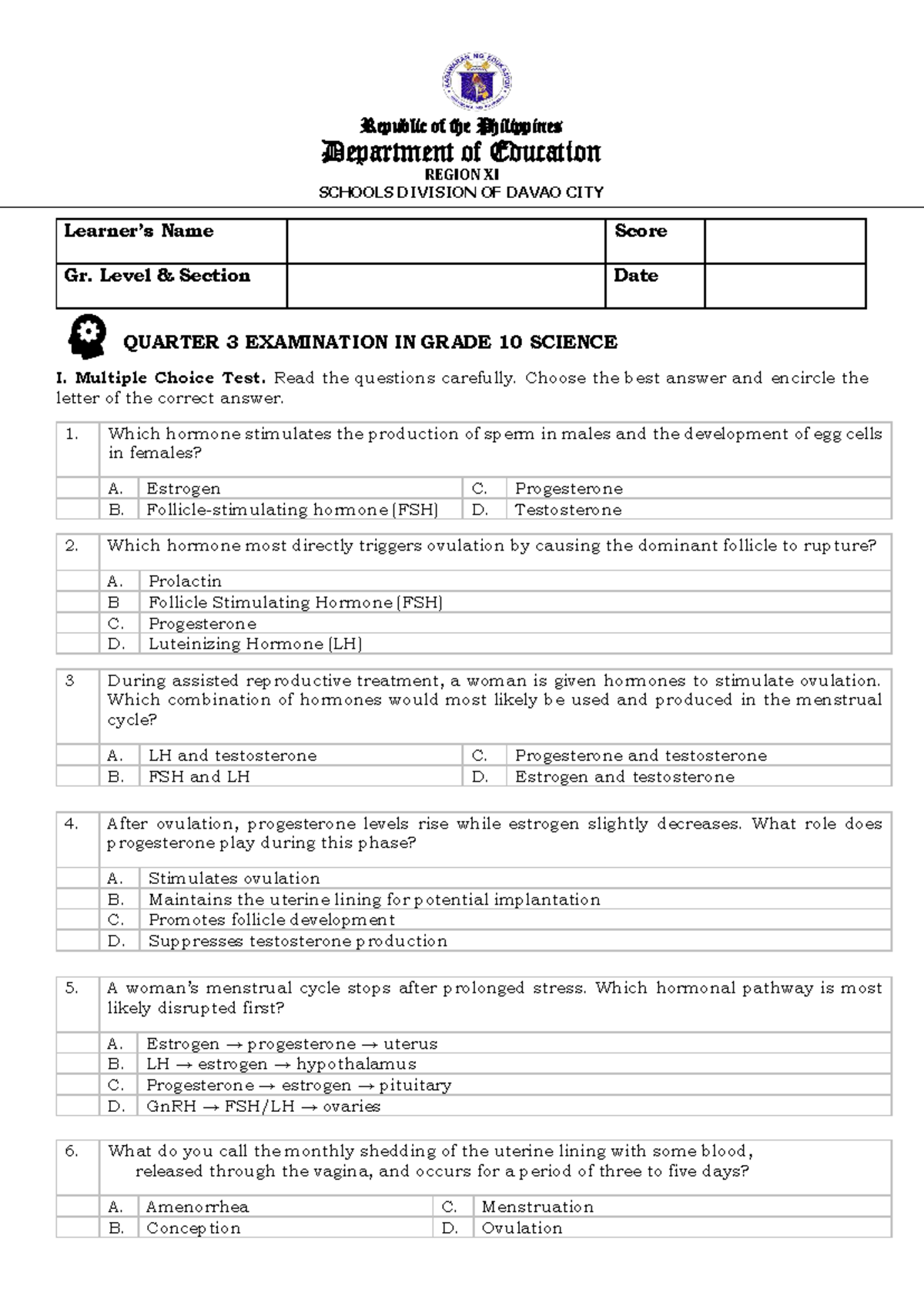 TQ Science G10-Q3 Examination Review and Study Guide - Studocu