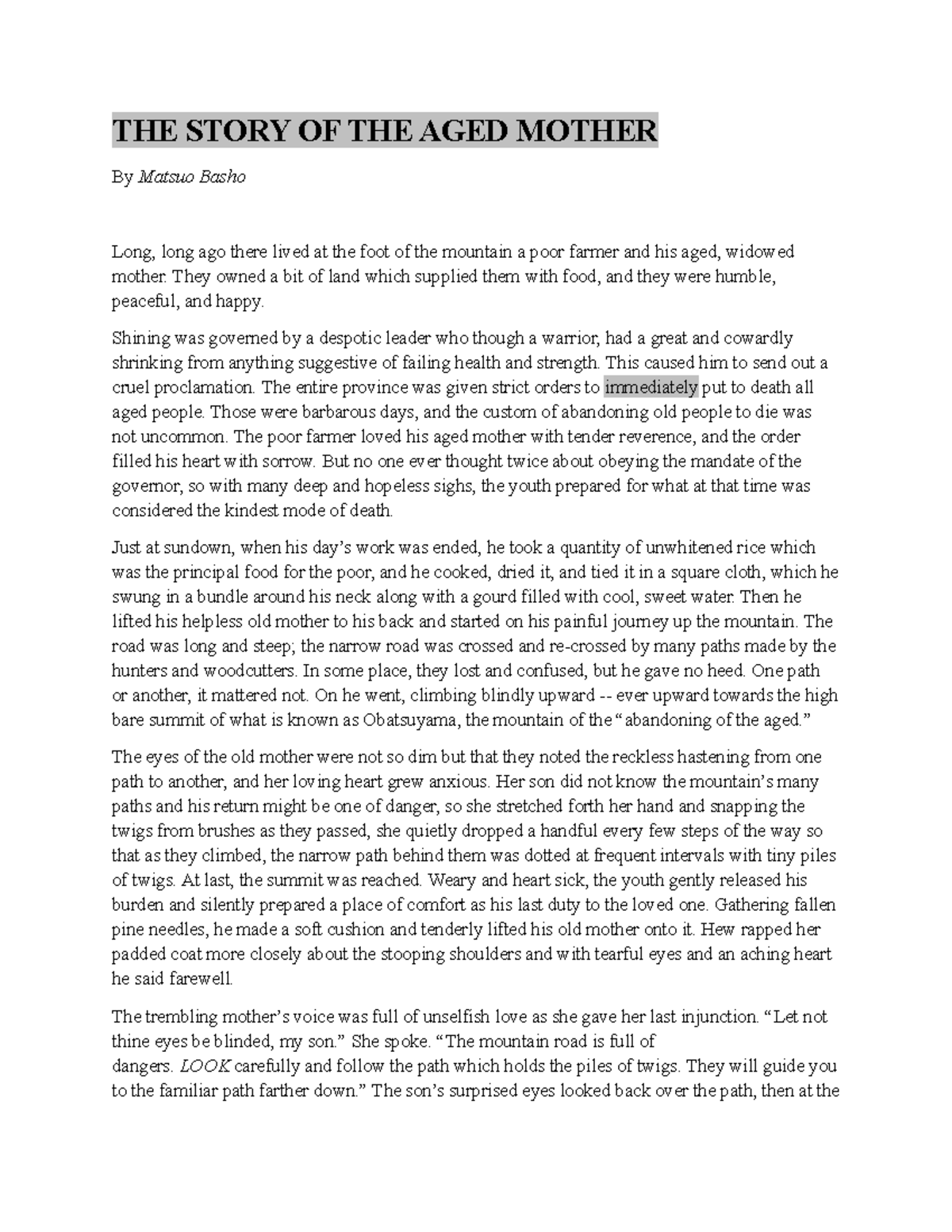 The Aged Mother: A Tale of Love and Sacrifice by Matsuo Basho - Studocu