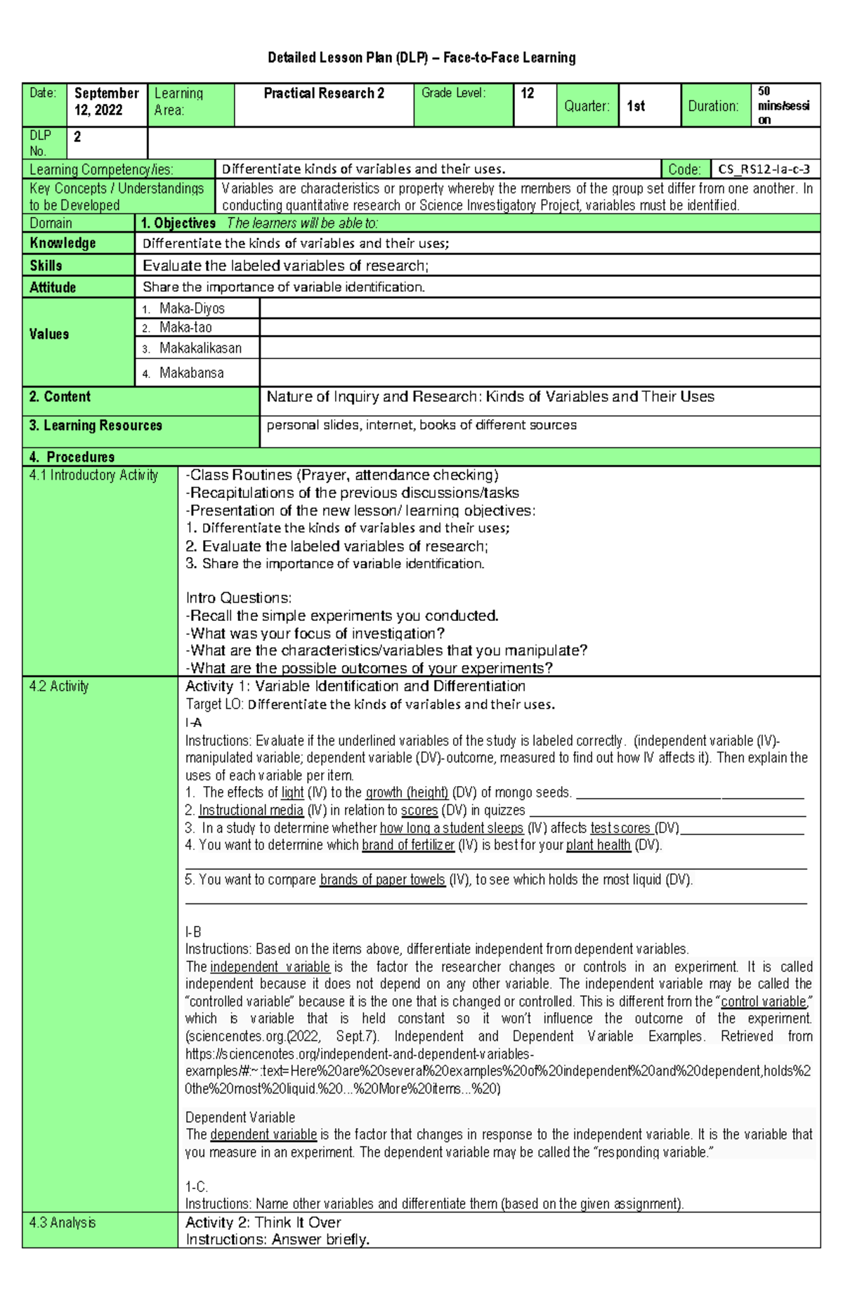 CS_RS12-Ia-c-3 Detailed Lesson Plan on Variable Differentiation - Studocu