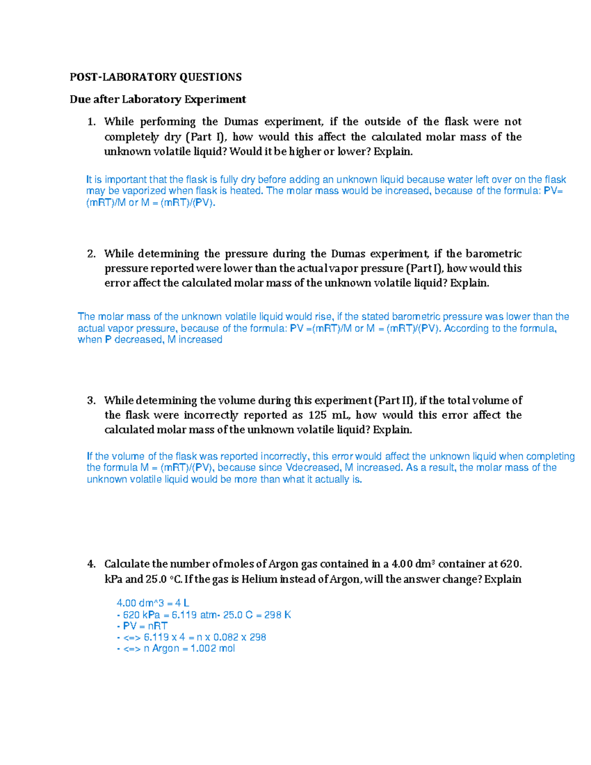 Post-laboratory Questions 8-1 - POST-LABORATORY QUESTIONS Due after Laboratory Experiment While ...