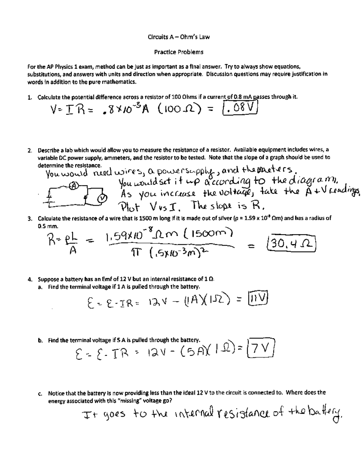 Circuits FRQ1 Answers - Circuits A Law Practice Problems For the AP Physics 1 exam, method can ...