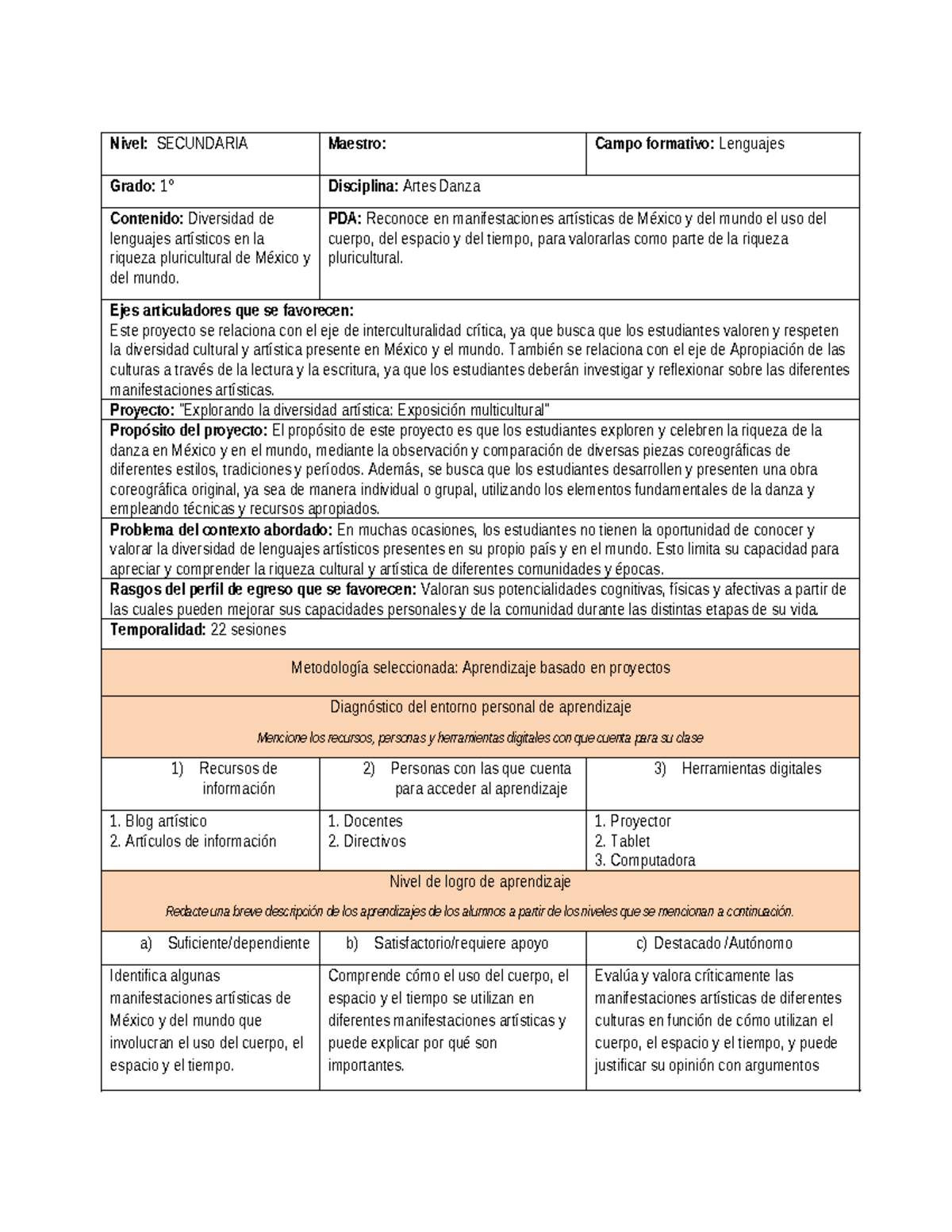 Exploración Multicultural en Danza: Proyecto Artístico SEC 1° - Studocu