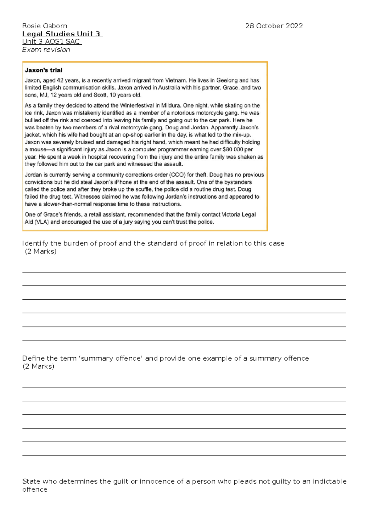 Legal Studies Unit 3 AOS1 SAC Exam Revision Questions - Studocu