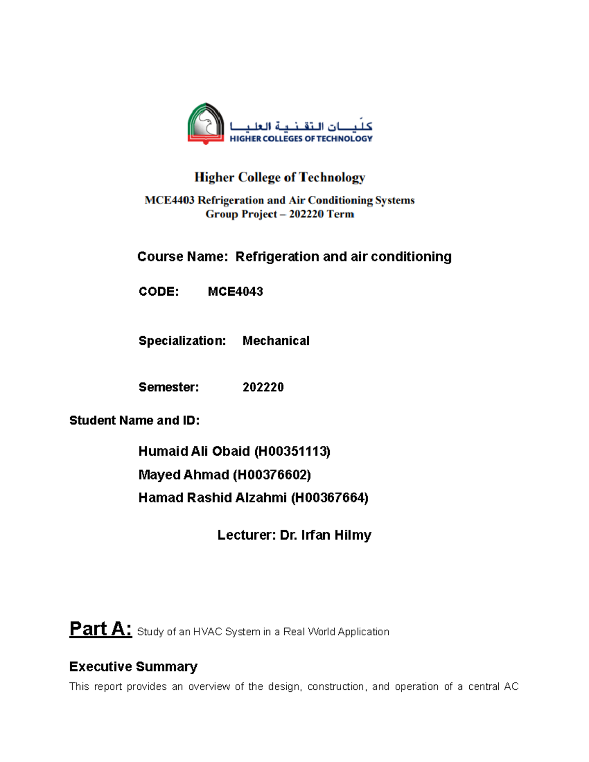 Revised Study Report on HVAC System: MCE 202220 - Studocu