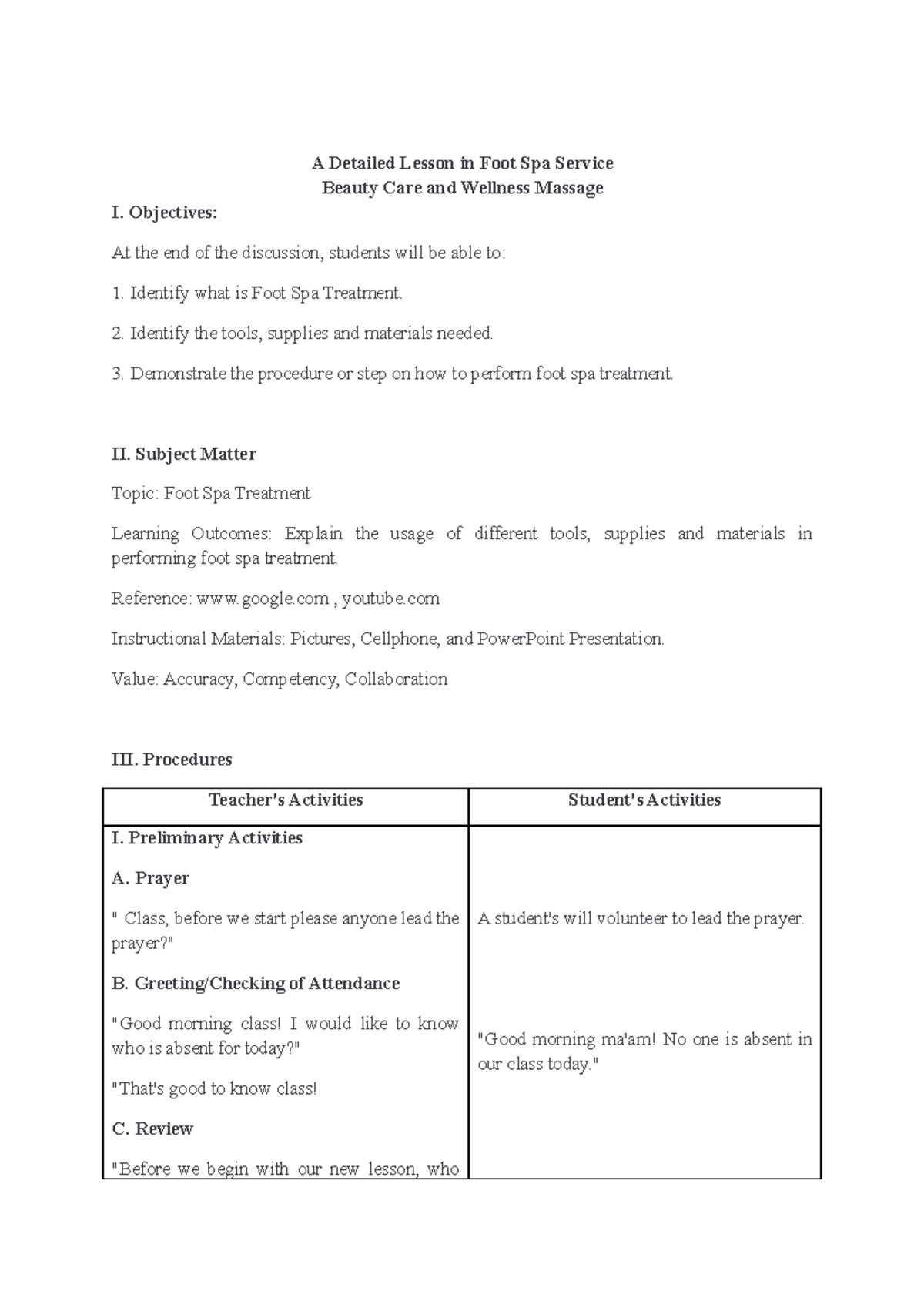 Final Exam - Detailed Lesson Plan on Foot Spa Treatment - Studocu