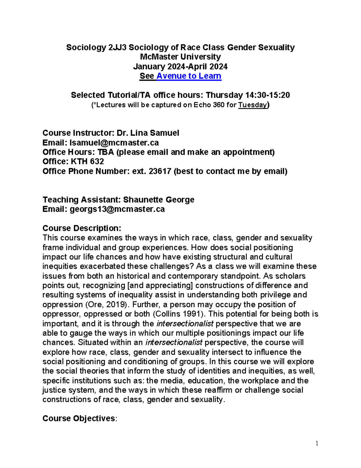 Sociology 2JJ3 Course Outline: Race, Class, Gender, and Sexuality - Studocu