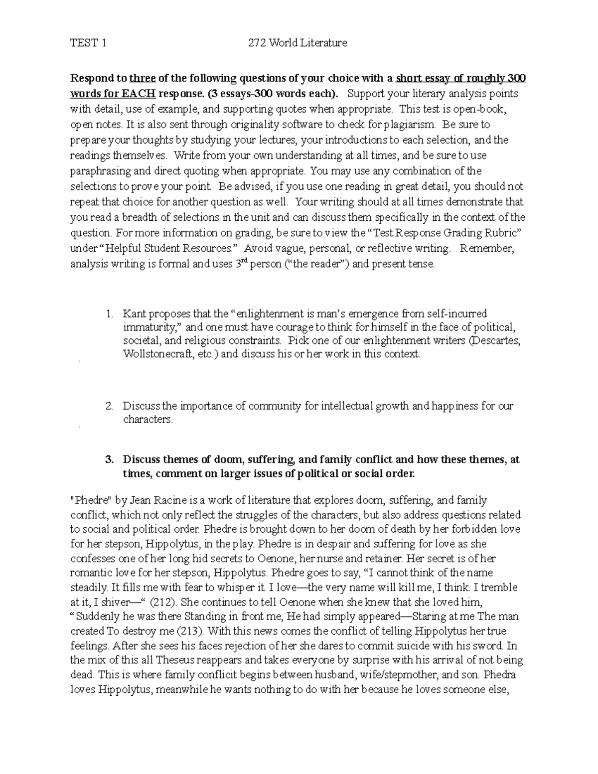 272 TEST 1 SP22 - World Literature Study Guide / Exam Essays - Studocu