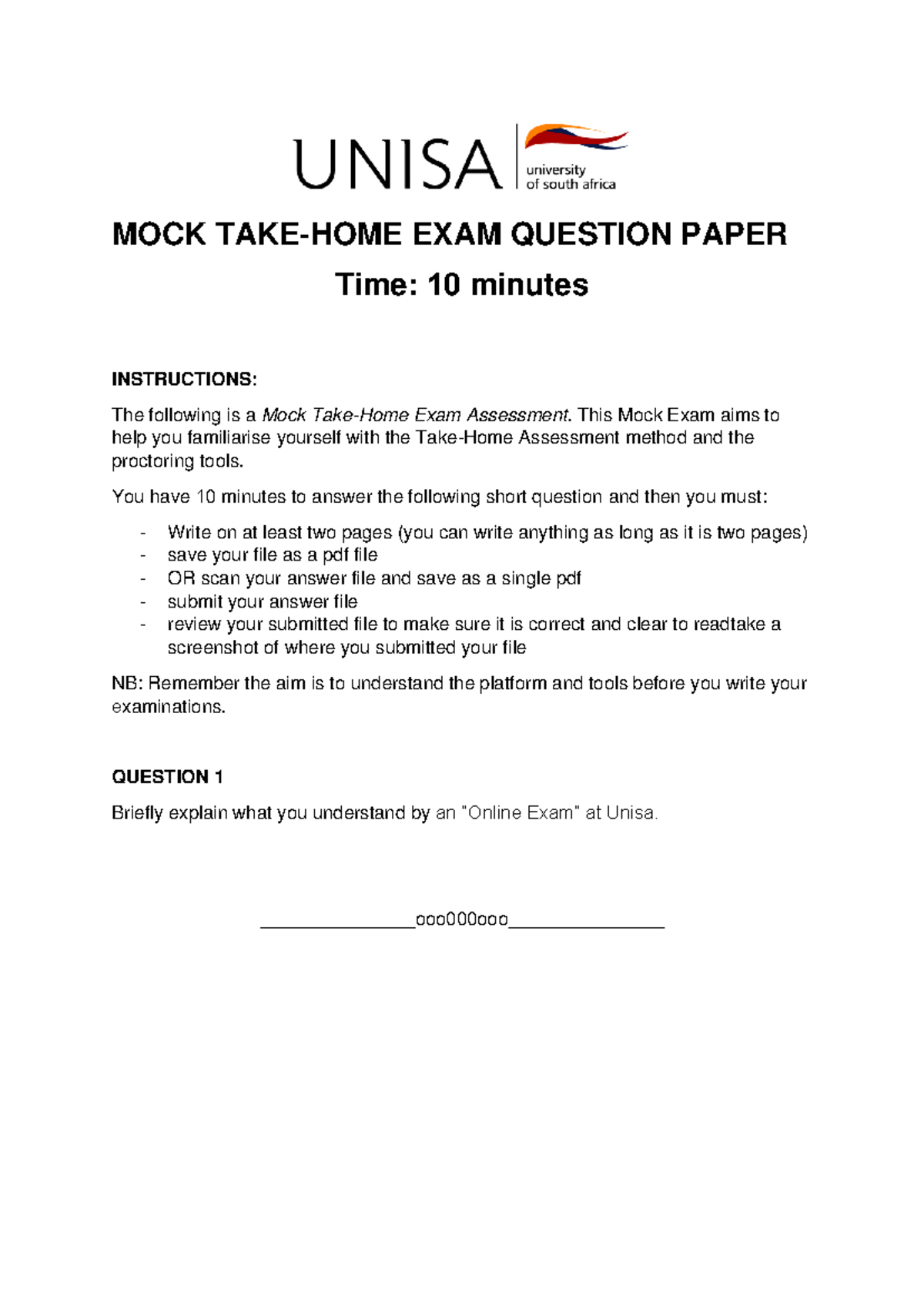 Mock Take-Home Exam Q&A - Assessment Practice at Unisa - Studocu