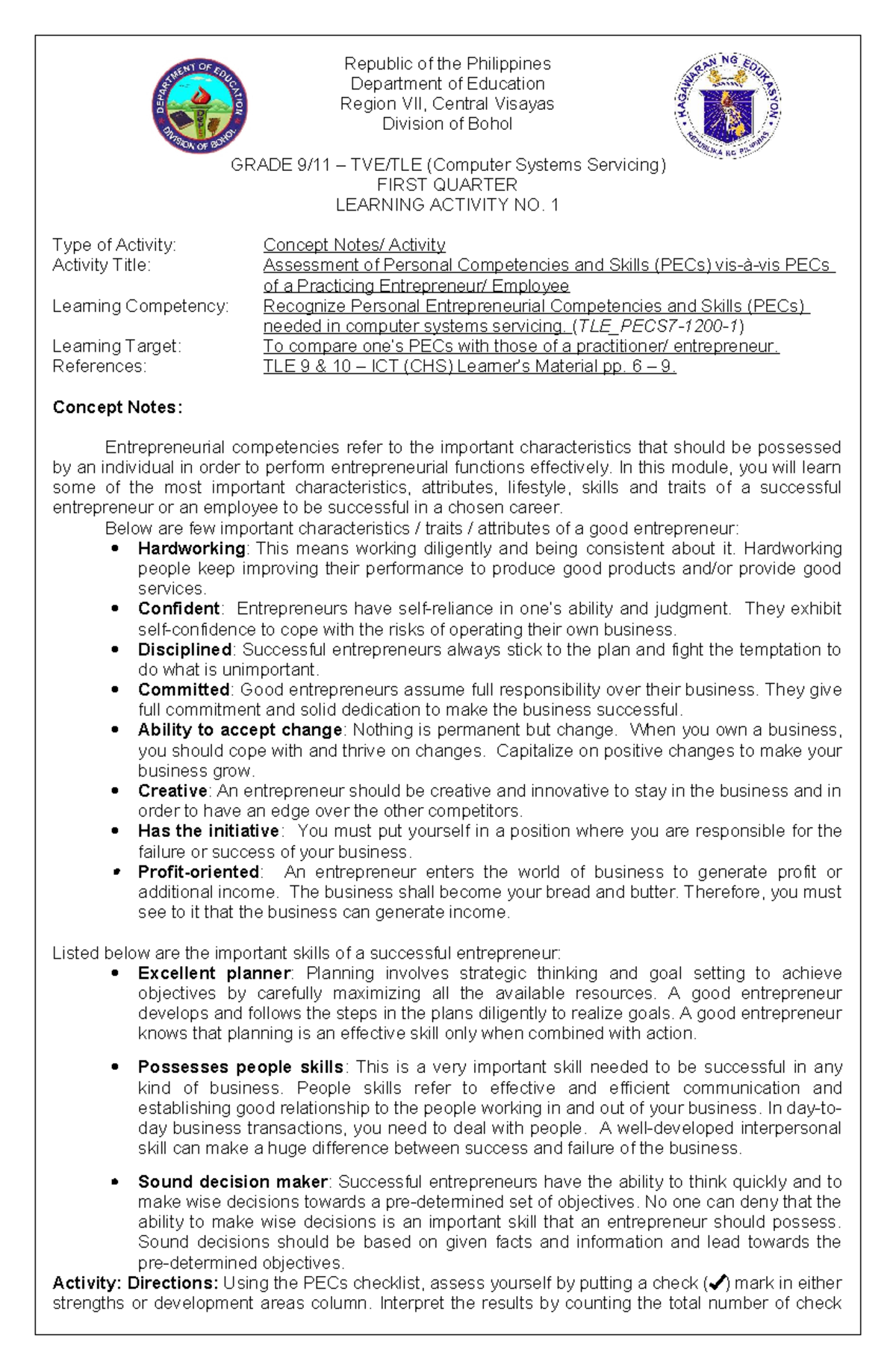 DLP TLE 9-10 ICT Activity 1: Assessing Personal Entrepreneurial ...