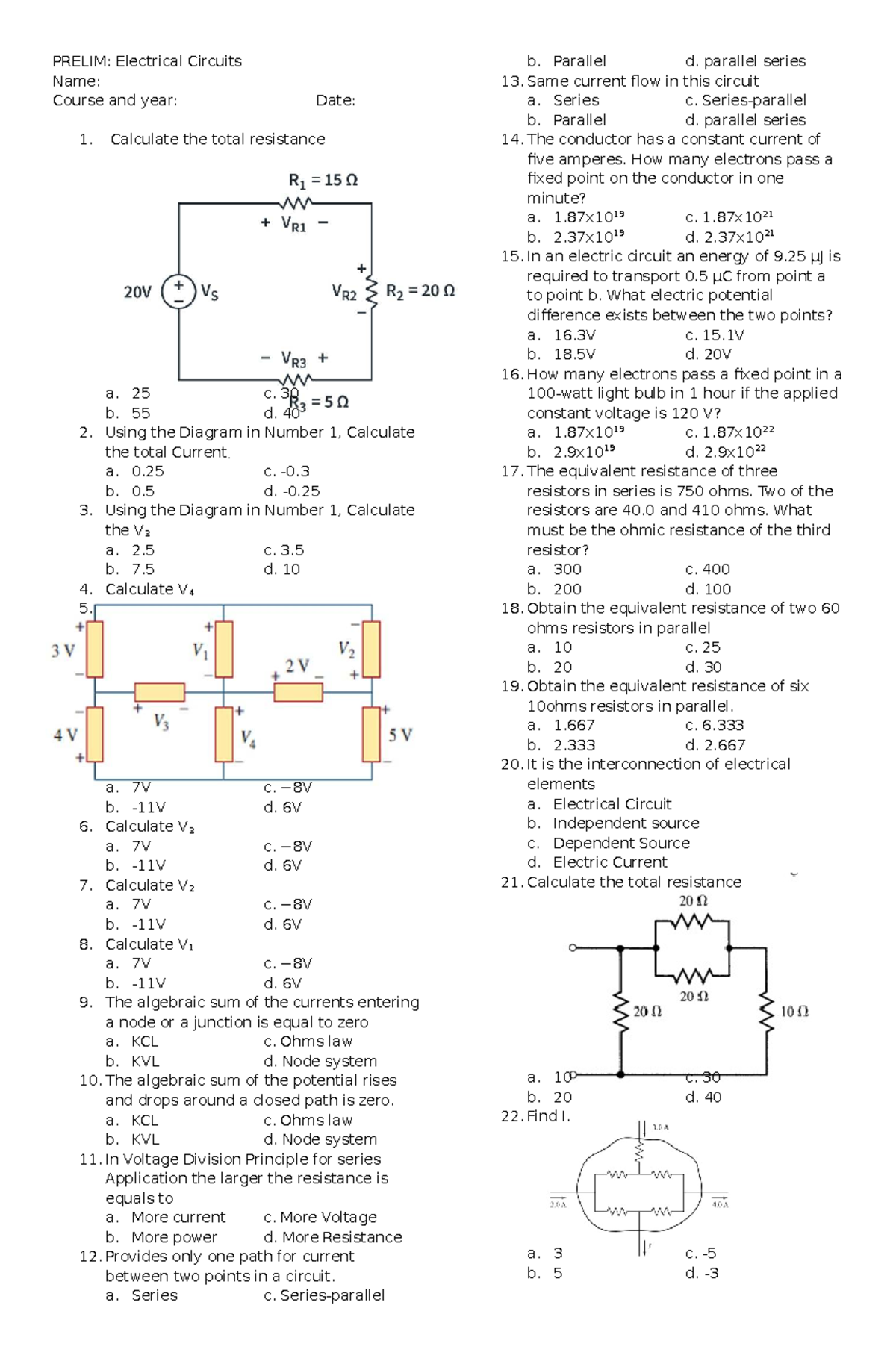 PRELIM: Electrical Circuits Final Exam Review - Studocu