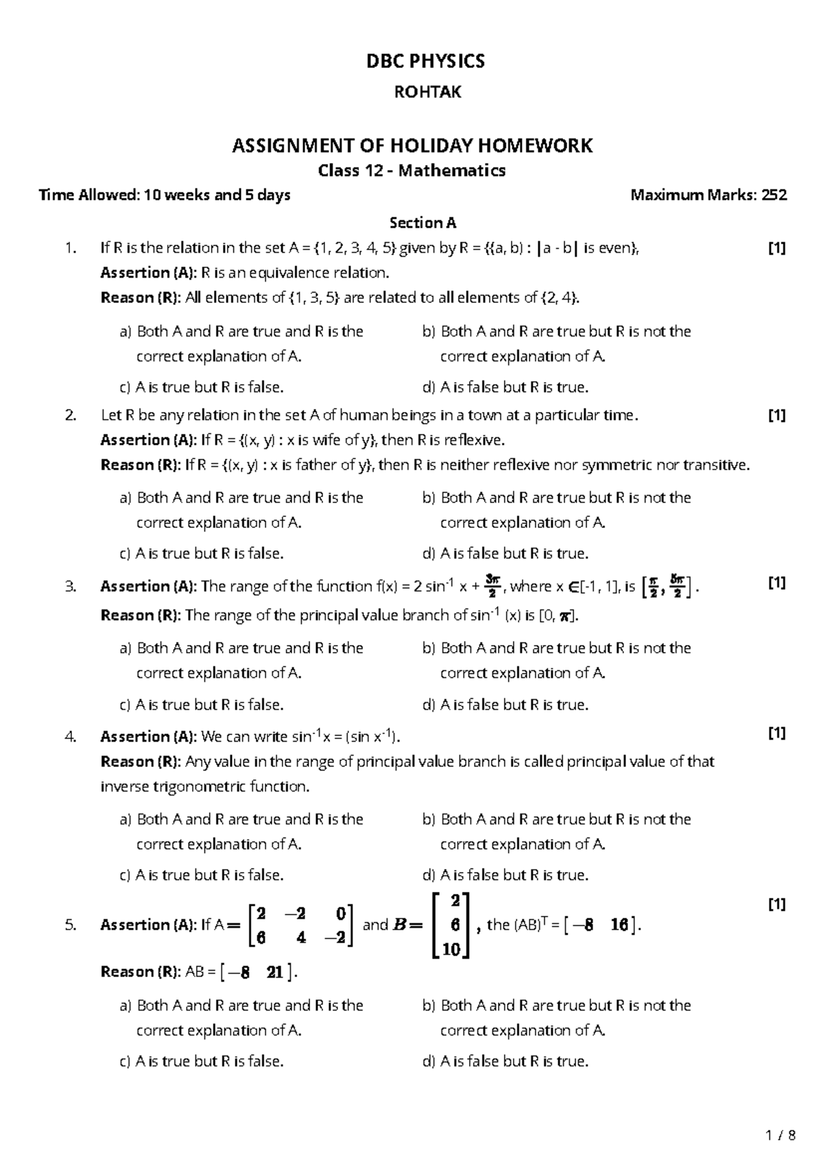 DBC PHYSICS ROHTAK CLASS 12 MATHEMATICS HOLIDAY ASSIGNMENT - Studocu
