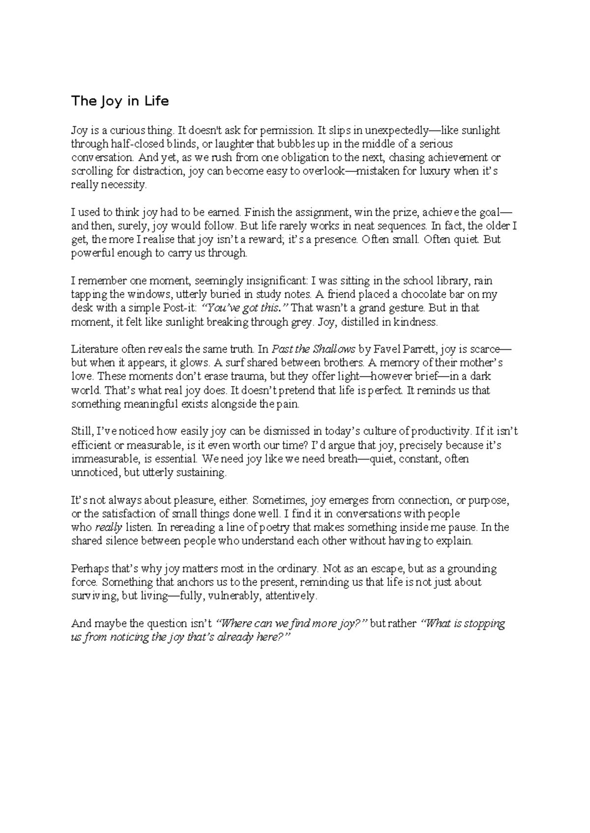 HSC Mod C: The Joy in Life - A Discursive Essay Analysis - Studocu
