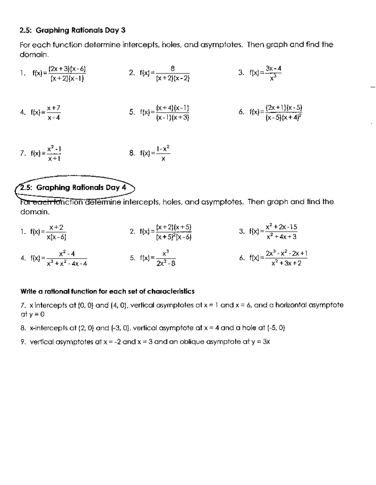 Solutions 2.5 day 4 (#1-6) - 2: Graphing Rationals Day 3 For each ...