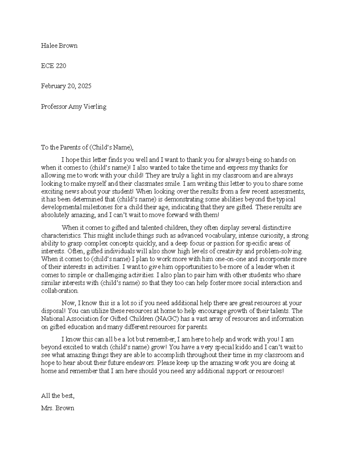 ECE 220 Gifted & Talented Student Parent Letter by Halee Brown - Studocu