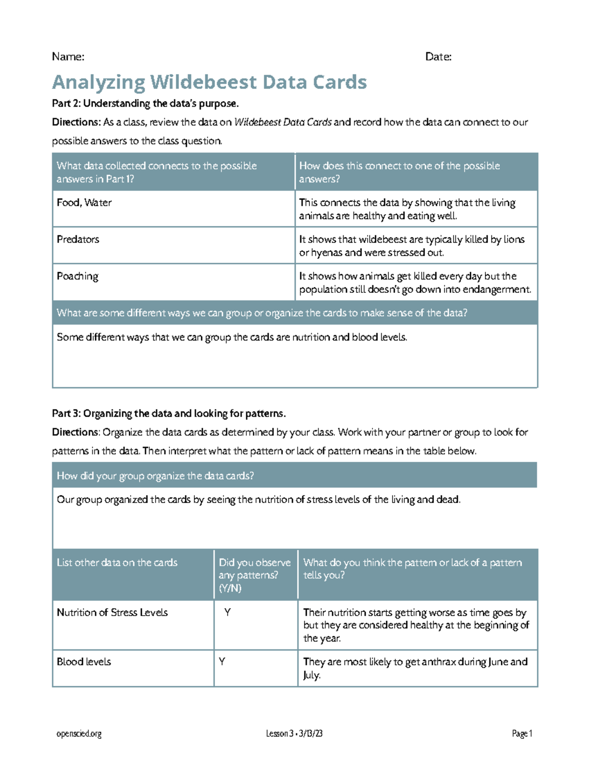 B.1 Lesson 3 Handout: Analyzing Data on Wildebeest Migration Patterns ...