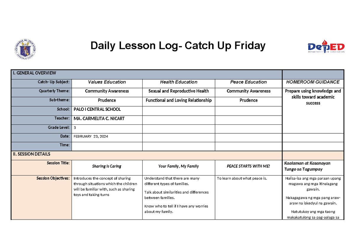 Daily Lesson Plan: Sharing is Caring (Values Ed) - Studocu