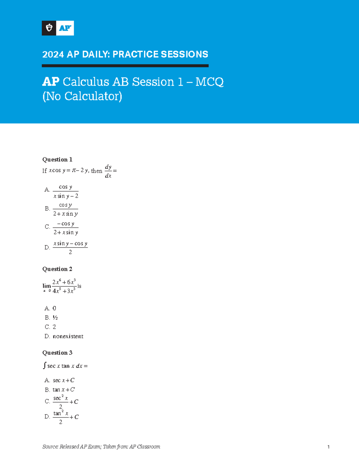 AP Calculus AB Worksheet Session 1: MCQ Practice (No Calc) - Studocu