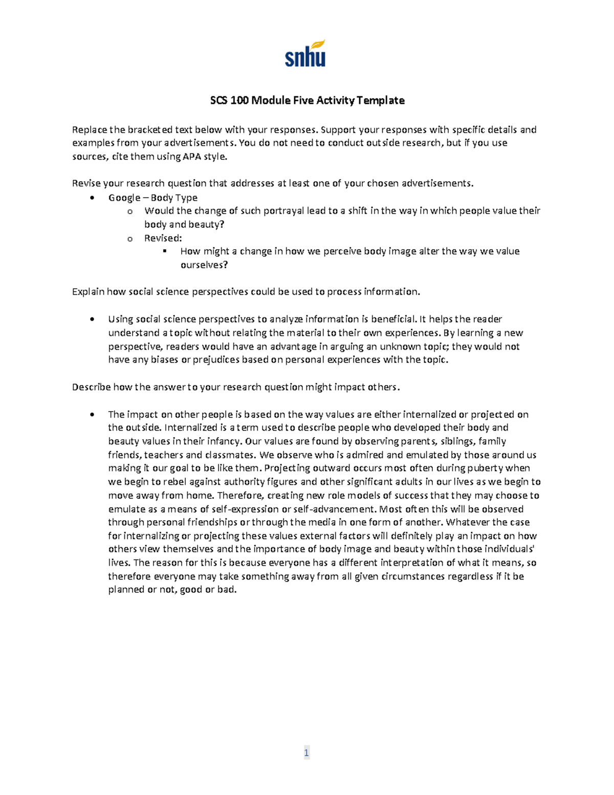 SCS100 Module 5 Activity: Analyzing Body Image and Values - Studocu