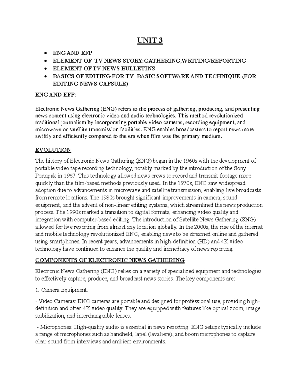 UNIT 3 - ENG & EFP: Elements of TV News & Editing Techniques - Studocu