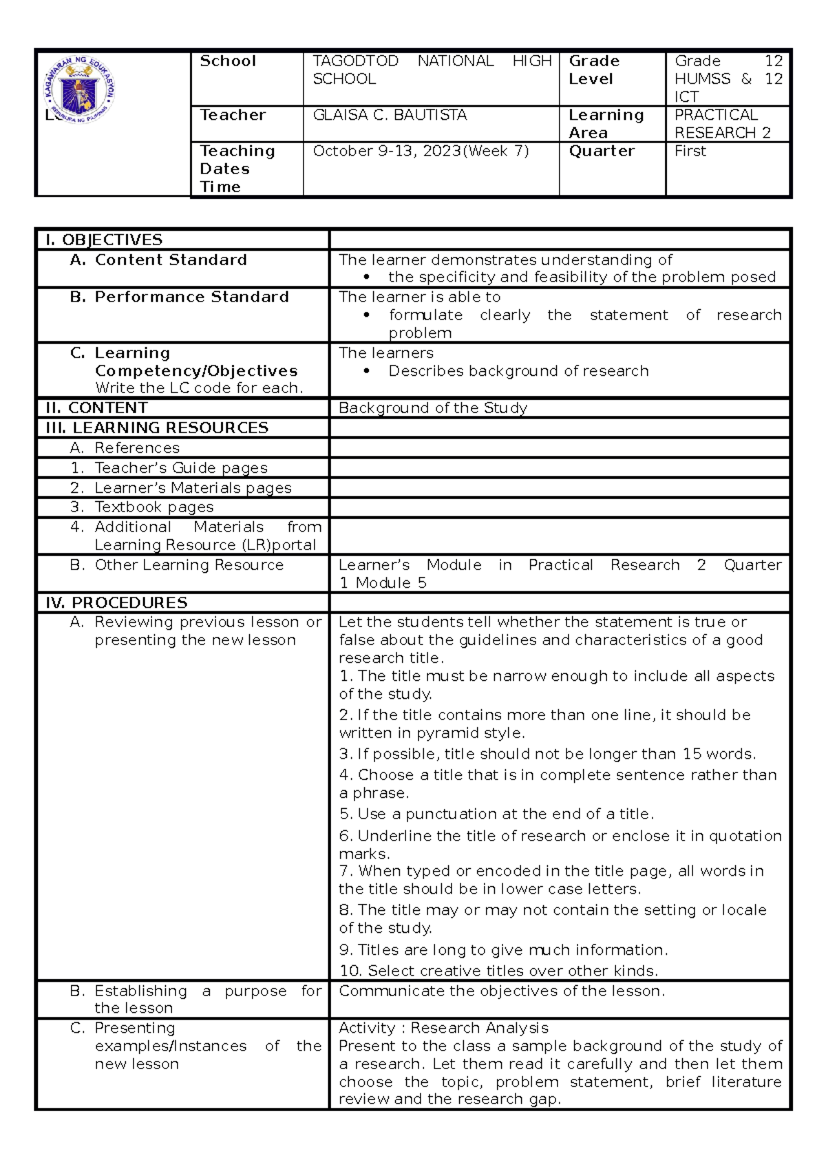 Practical Research 2 (HUMSS) Week 7: Background of the Study Guide ...