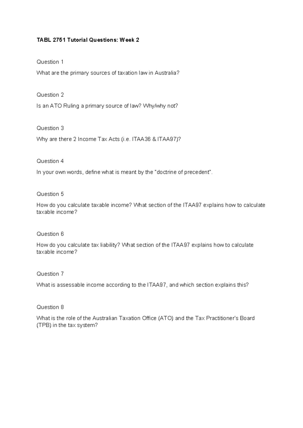 TABL 2751 Tutorial Questions: Taxation Law in Australia - Studocu