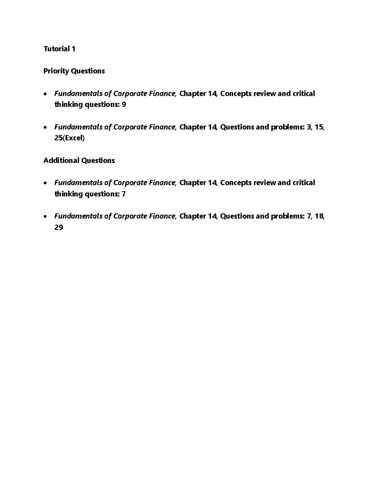 Tutorial 1 Questions - FNCE20005 - Tutorial 1 Priority Questions ...