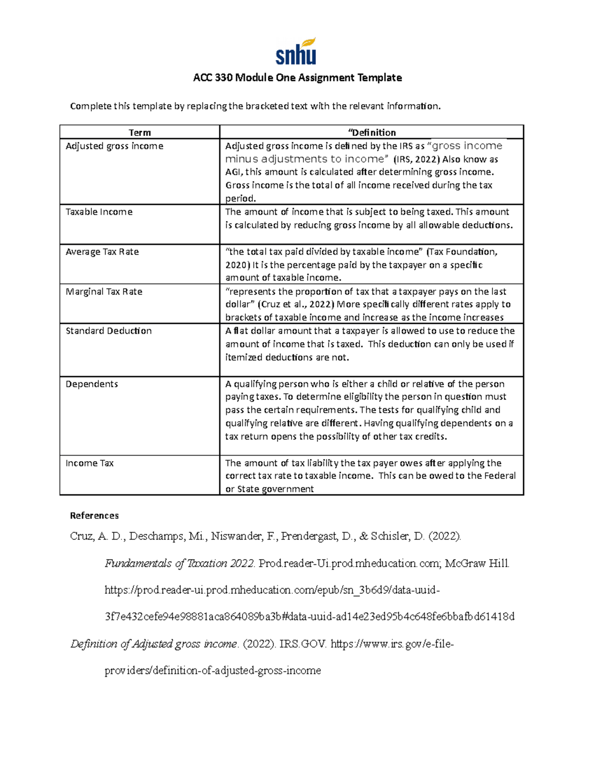 ACC 330 Assignment 1-4 - ACC 330 Module One Assignment Template ...