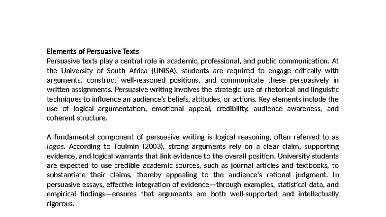 UNISA Persuasive Writing: Key Elements & Techniques - Studocu