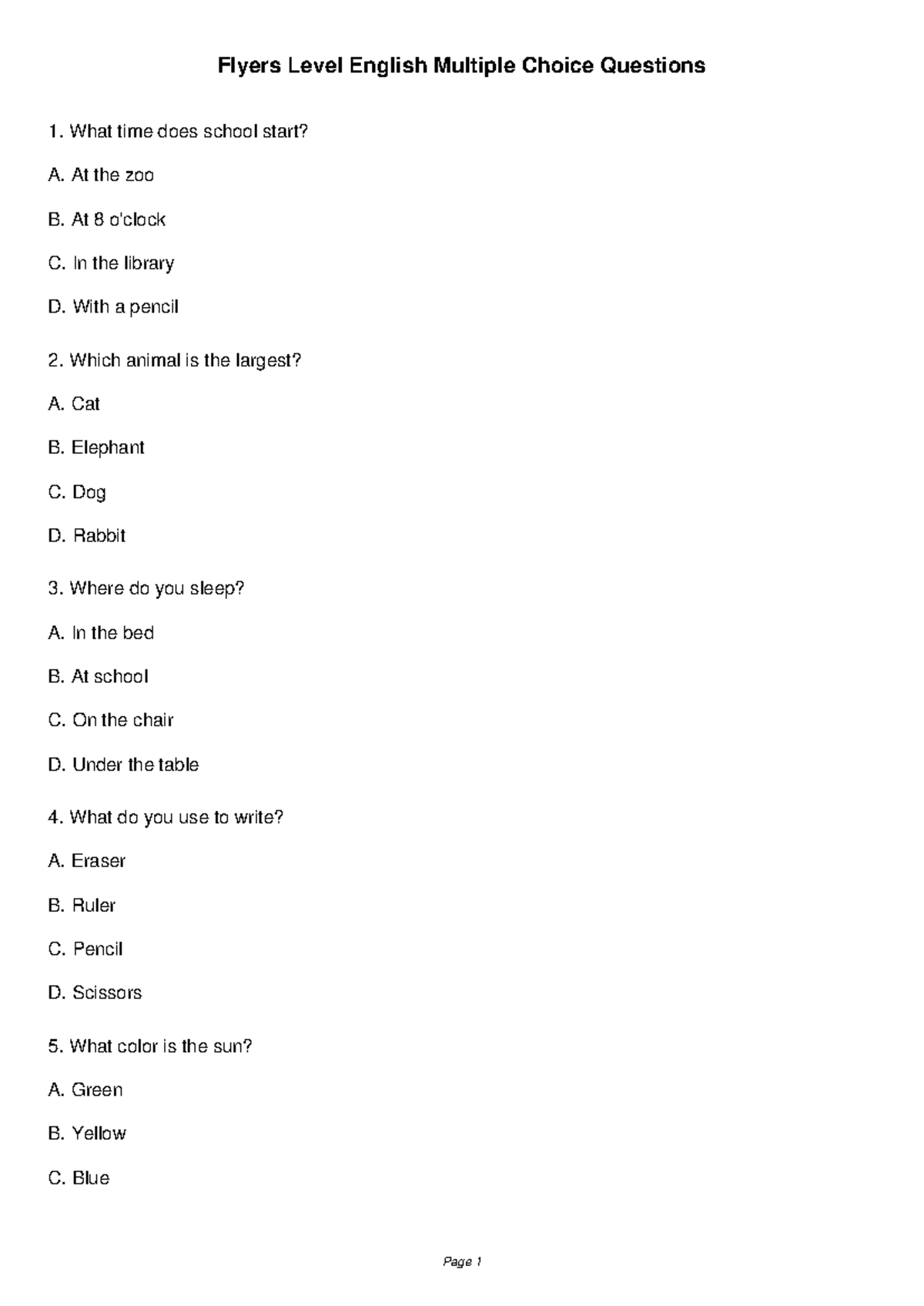 Flyers Level English MCQ Questions for Practice - Studocu