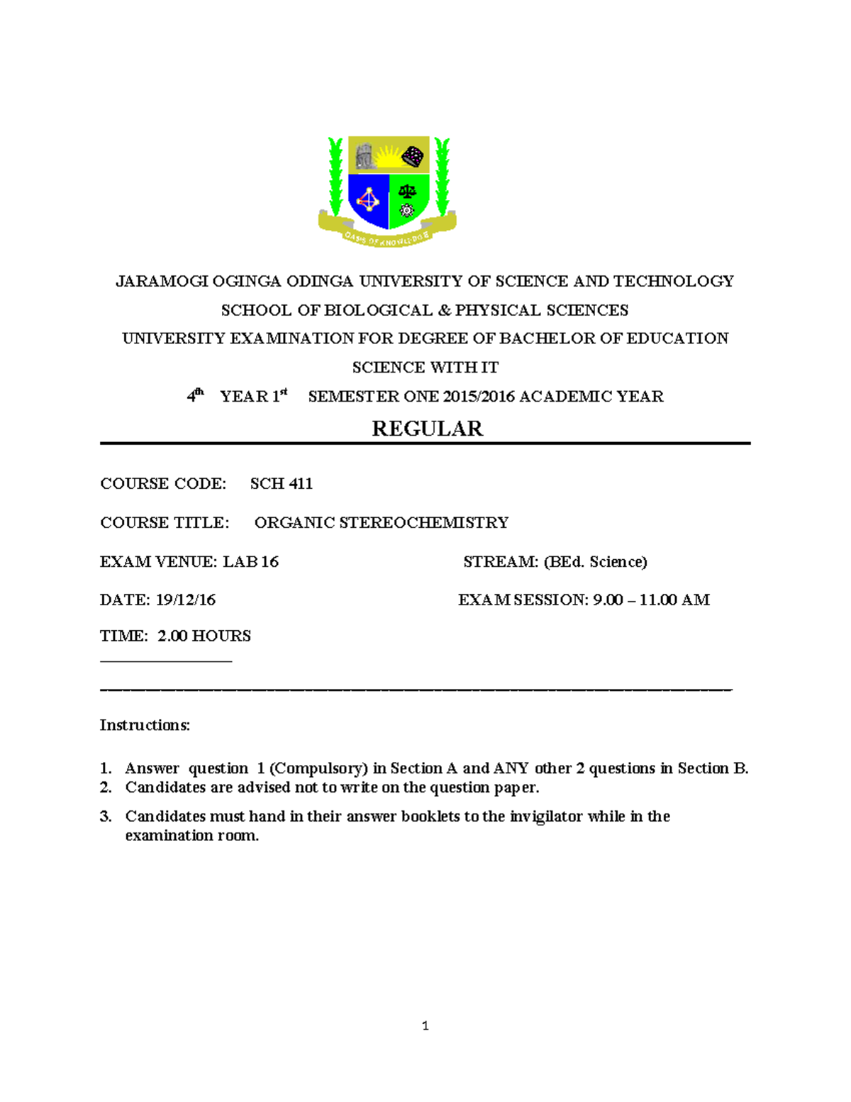 SCH 411 Final Exam: Organic Stereochemistry - BEd. Science - Studocu