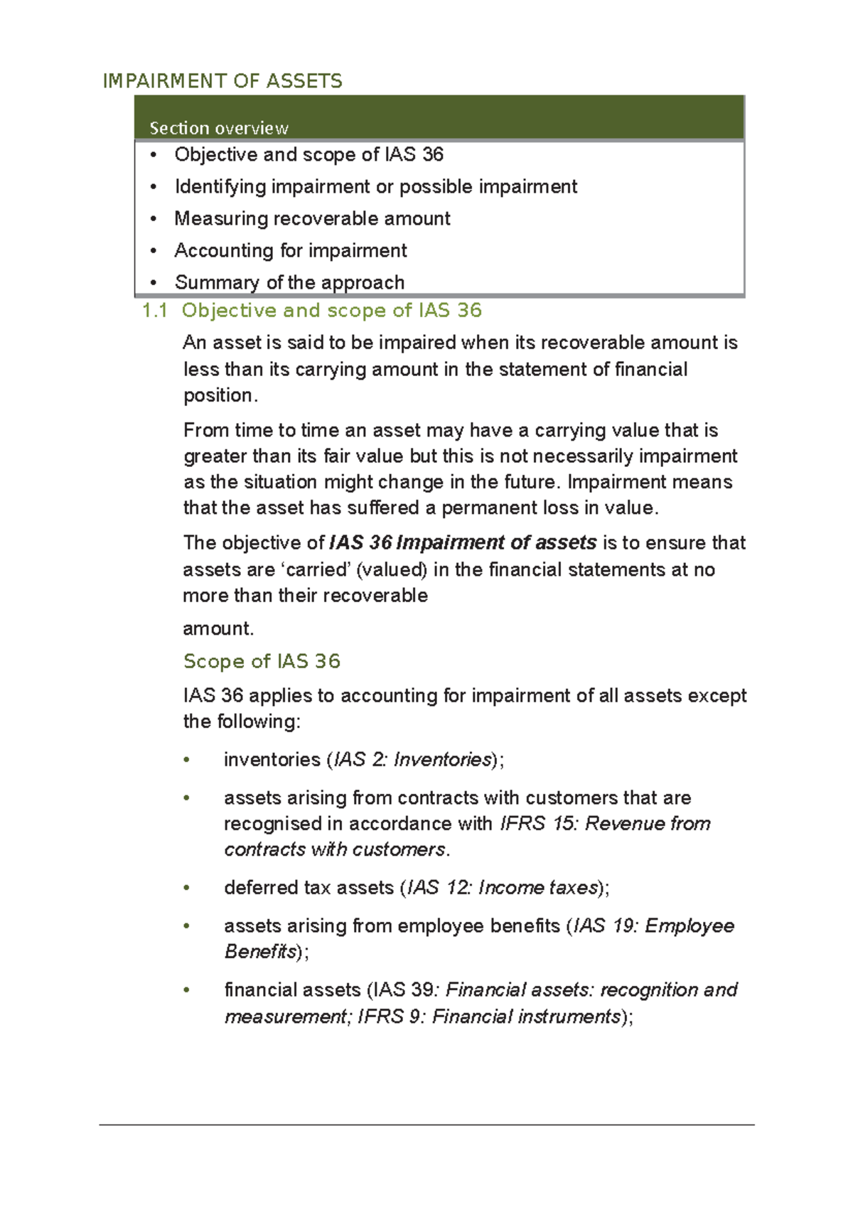Impairment Of Assets - IMPAIRMENT OF ASSETS Section overview Objective ...