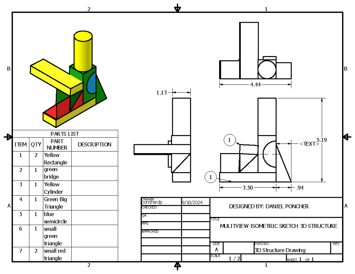 3D Structure Drawing PDF - PARTS LIST ITEM QTY NUMBERPART DESCRIPTION Yellow Rectangle 1 2 green ...