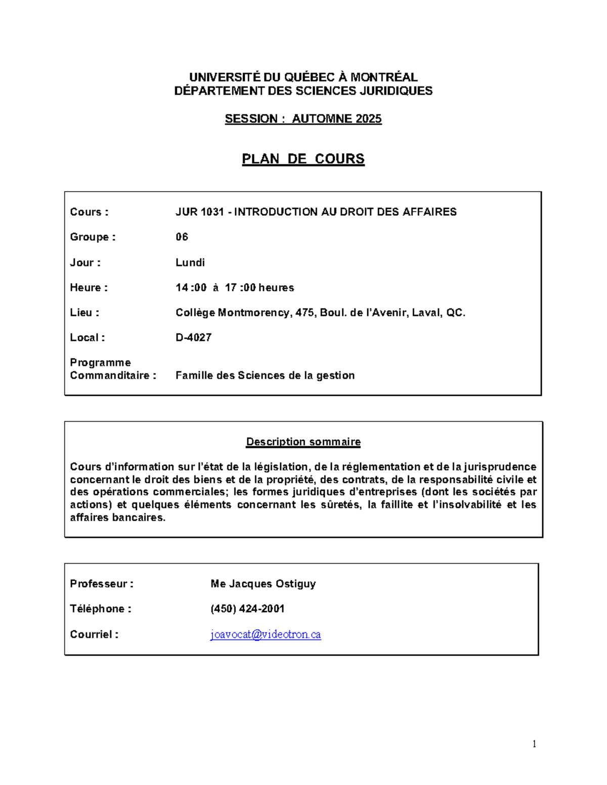JUR 1031 - Plan de Cours Introduction au Droit des Affaires - Automne ...