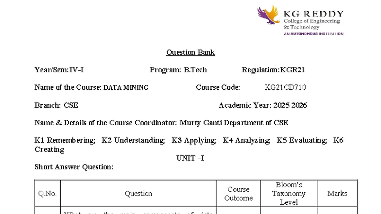 DATA MINING MID Question Bank: B.Tech CSE KG21CD710 - Studocu