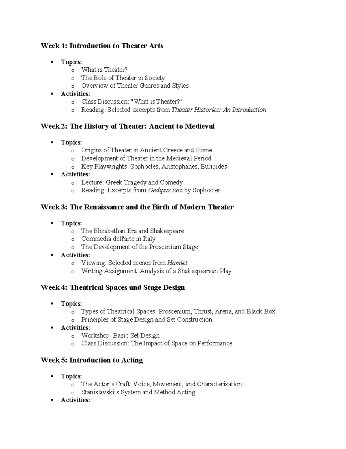 THA Syllabus Outline - Intro to Theater Arts Course Structure - Studocu