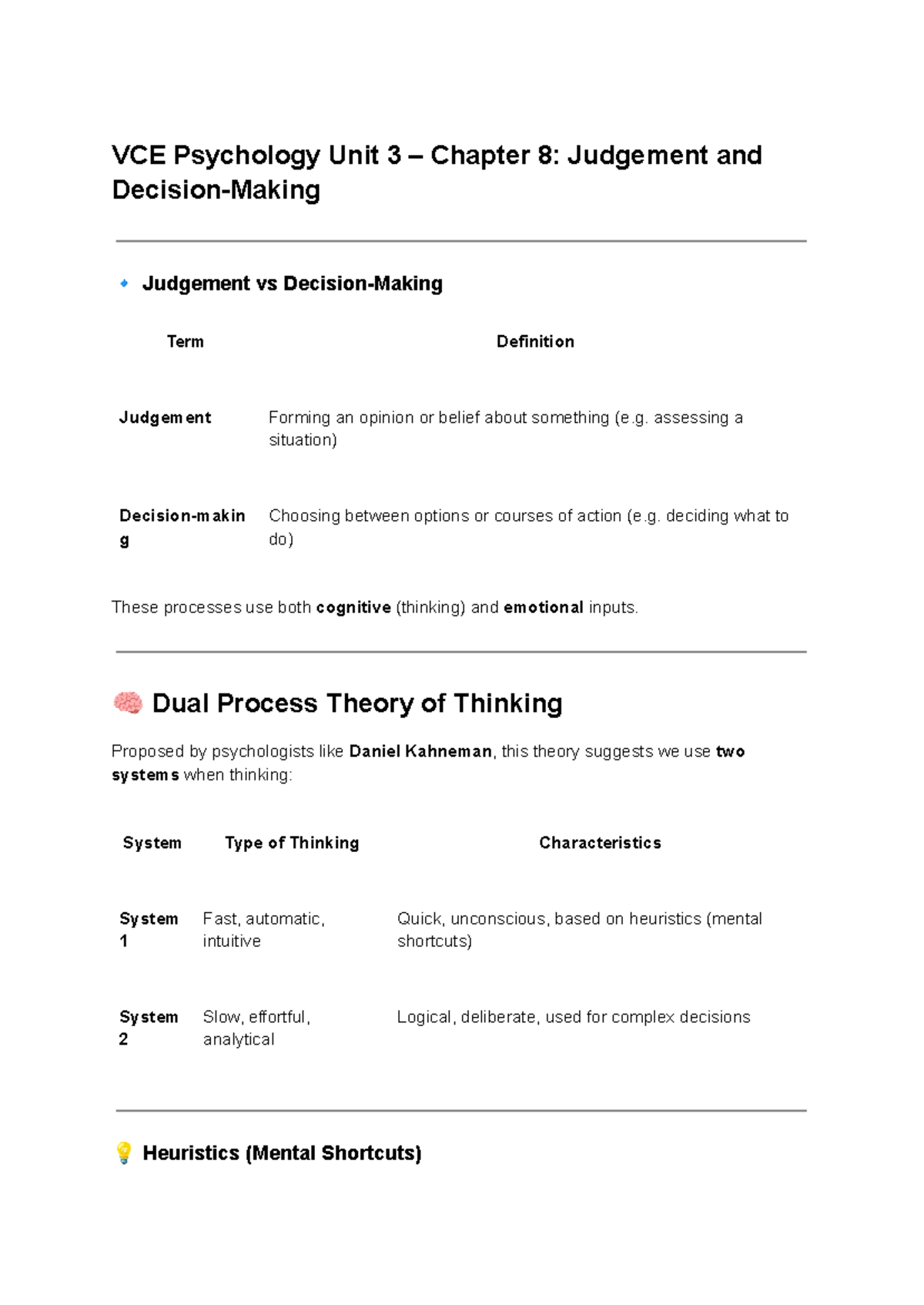 VCE Psychology Unit 3: Chapter 8 - Judgement and Decision-Making ...