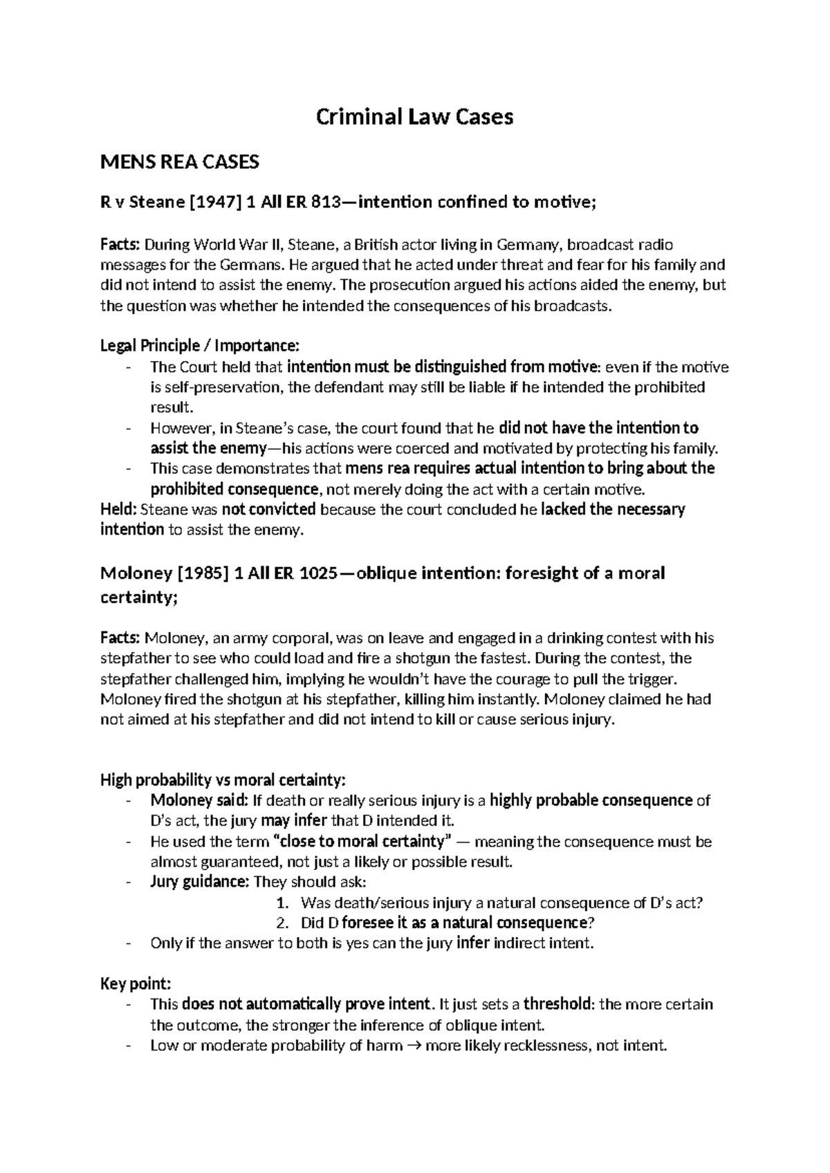 Criminal Law Cases: MENS REA Analysis and Key Judgments - Studocu