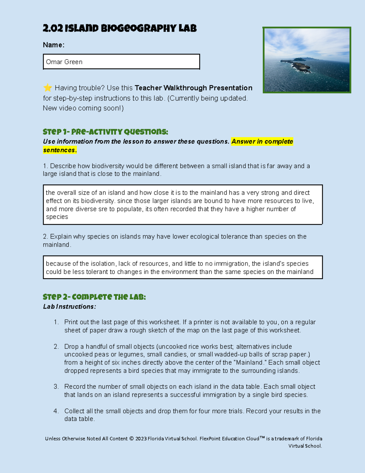 Island Biogeography Lab: 2.02 Lab Template Analysis & Data Collection ...