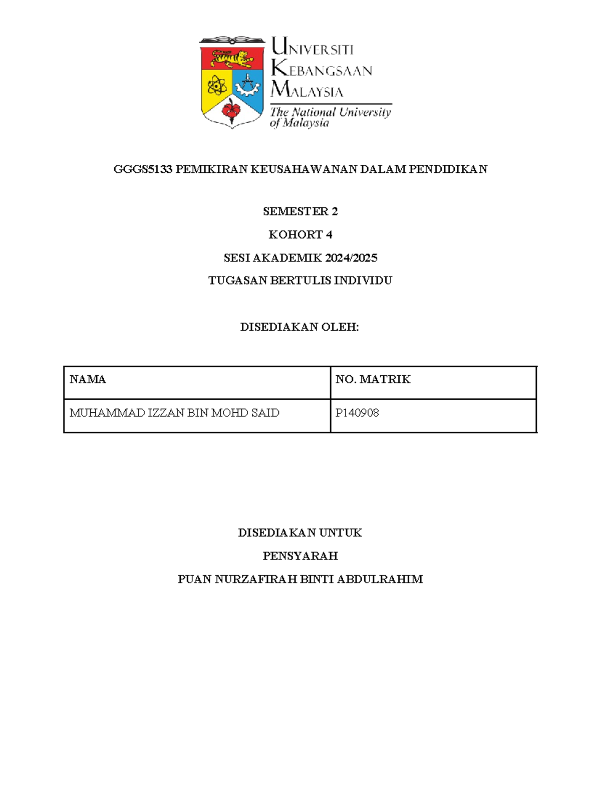 GGGS5133 Individual Assignment: Entrepreneurship in Education (P140908 ...